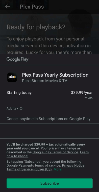 Purchasing a Plex Pass Subscription Through Google Play | Plex Support